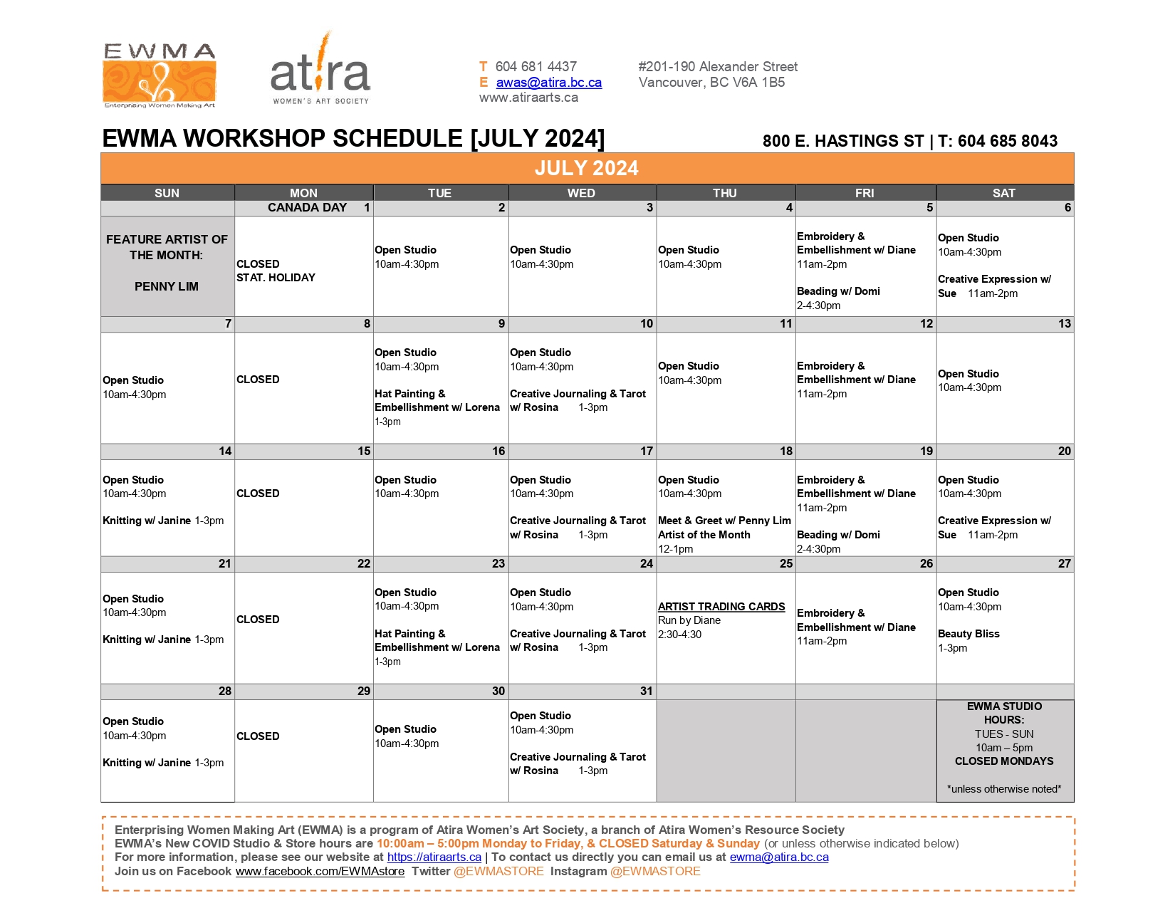 Workshop Schedules - Atira Women's Art Society