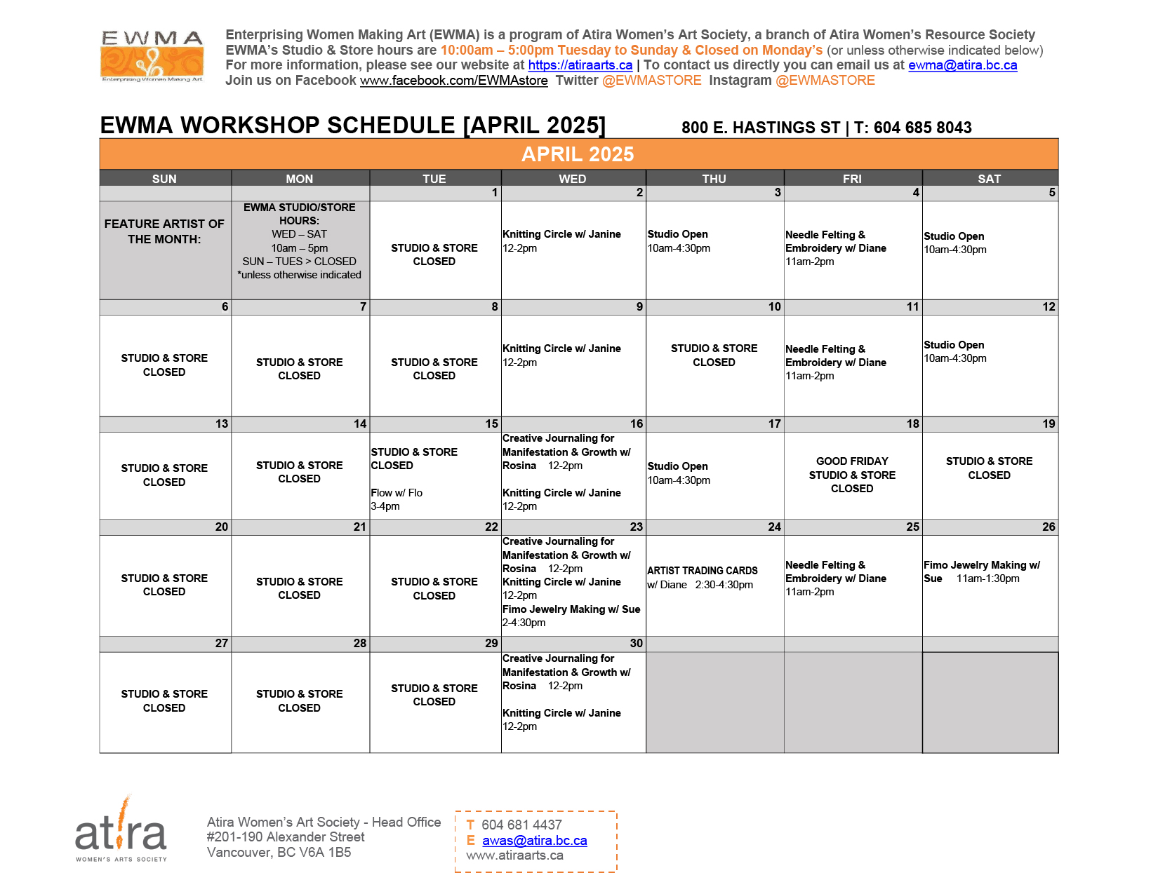 Workshop Schedules - Atira Women's Art Society