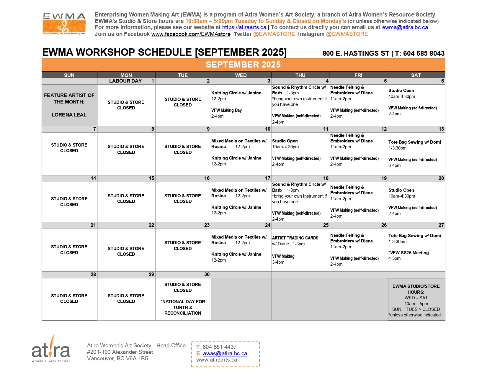 Workshop Schedules - Atira Women's Art Society